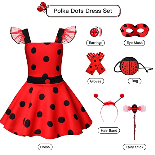 Ladybug Dress Costume for Girls with Polka Dots Tutu Dress Halloween Birthday Dress Up Pretend Play for Kids 3-8 (5-6)