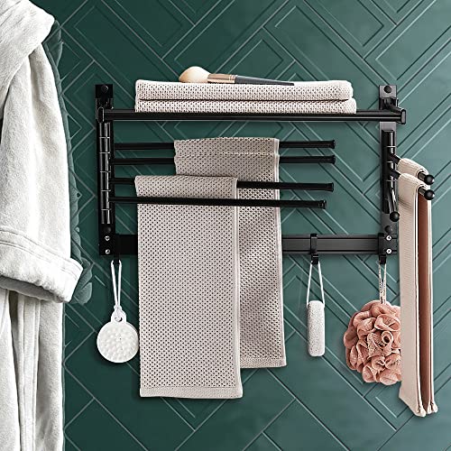 Clothes Drying Rack Wall Mounted, Laundry Drying Rack Clothing, Drying Racks for Laundry with Swivel Towel Arms and Hanging Hooks, Space Organization for Laundry Room, Bathroom, Aluminum, 24IN