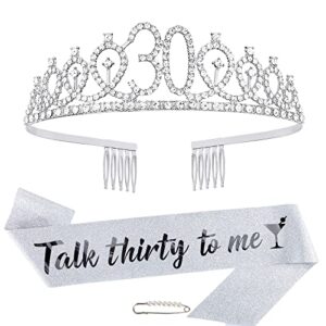 aoprie birthday crown for women 30 talk thirty to me birthday sash for women girls silver birthday tiara 30th birthday gifts her him decoration for women princess crown rhinestone headband happy birthday accessories