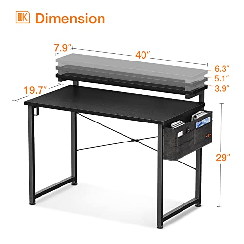 ODK Computer Desk with Adjustable Monitor Shelves, 40 inch Home Office Desk with Monitor Stand, Writing Desk, Study Workstation with 3 Heights (10cm, 13cm, 16cm), Black