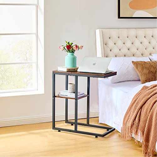 Hoctieon C Shaped End Table, Slim Side Table, Small End Table with Wheels, Snack Side Table with Storage, Sofa Table, for Living Room, Sofa, Couch, Bedroom, Vintage, Rustic Brown