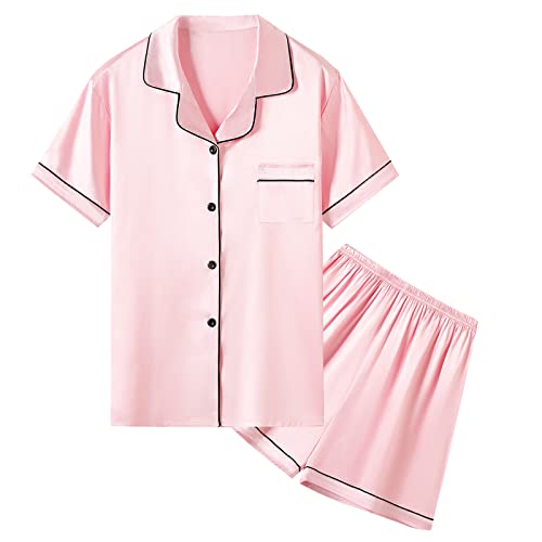 Women's Satin Pajamas Set, Short Sleeve Button Down Shirt Top + Elastic Waist Shorts Sets Summer Pajamas for Women, A Pink, US XS