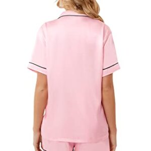 Women's Satin Pajamas Set, Short Sleeve Button Down Shirt Top + Elastic Waist Shorts Sets Summer Pajamas for Women, A Pink, US XS