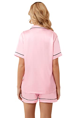 Women's Satin Pajamas Set, Short Sleeve Button Down Shirt Top + Elastic Waist Shorts Sets Summer Pajamas for Women, A Pink, US XS