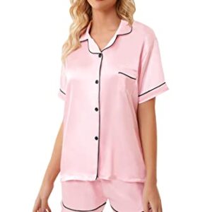 Women's Satin Pajamas Set, Short Sleeve Button Down Shirt Top + Elastic Waist Shorts Sets Summer Pajamas for Women, A Pink, US XS