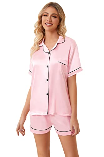 Women's Satin Pajamas Set, Short Sleeve Button Down Shirt Top + Elastic Waist Shorts Sets Summer Pajamas for Women, A Pink, US XS