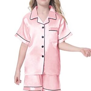 Women's Satin Pajamas Set, Short Sleeve Button Down Shirt Top + Elastic Waist Shorts Sets Summer Pajamas for Women, A Pink, US XS