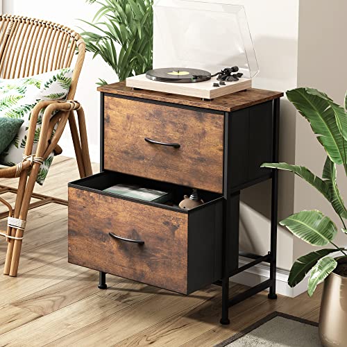 WLIVE Nightstand, Nightstand with 2 Drawers, Bedside Furniture, Night Stand, Small Dresser for Bedroom, College Dorm, End Table with Fabric Bins, Dormitory, Rustic Brown Wood Grain Print, Size L