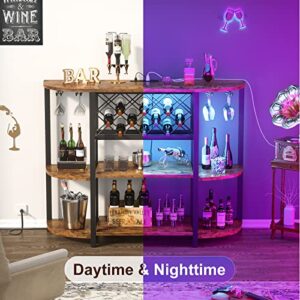 Unikito Wine Rack Table with Socket and LED Light, Floor Bar Cabinet for Liquor and Glasses, Wood Coffee Bar Cabinet with Adjustable Wine Rack, FreeStanding Sideboard and Buffet Cabinet, Rustic