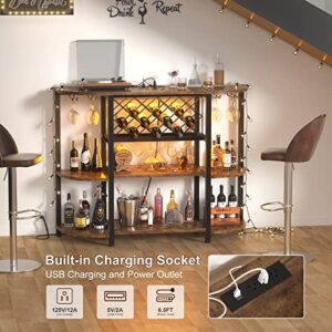 Unikito Wine Rack Table with Socket and LED Light, Floor Bar Cabinet for Liquor and Glasses, Wood Coffee Bar Cabinet with Adjustable Wine Rack, FreeStanding Sideboard and Buffet Cabinet, Rustic