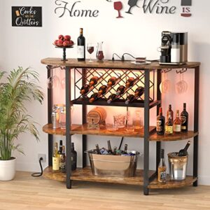 Unikito Wine Rack Table with Socket and LED Light, Floor Bar Cabinet for Liquor and Glasses, Wood Coffee Bar Cabinet with Adjustable Wine Rack, FreeStanding Sideboard and Buffet Cabinet, Rustic