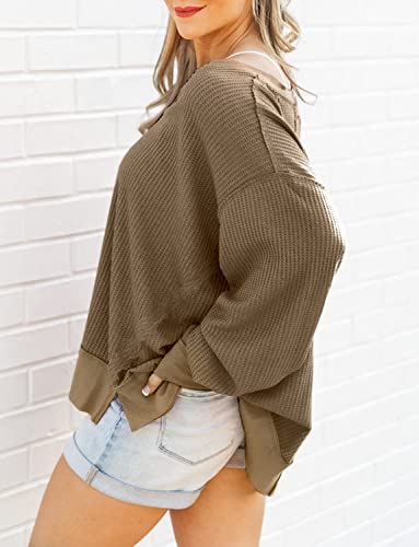 ASTANFY Womens Long Sleeve Sweatshirts Waffle Knit Shirts V Neck Solid Color Pullover Casual Loose Fit Tunic Tops Brown