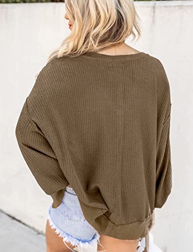 ASTANFY Womens Long Sleeve Sweatshirts Waffle Knit Shirts V Neck Solid Color Pullover Casual Loose Fit Tunic Tops Brown