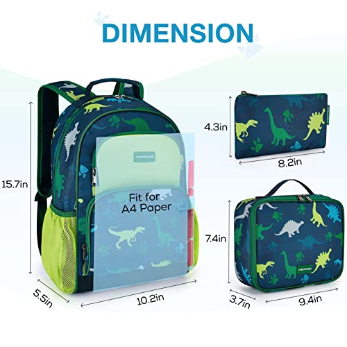 mommore Kids Backpack Set, Dinosaur Backpack for Kids Lightweight Elementary Bookbag for Students School backpack for Children with Chest Strap Water Resistant,3pcs green