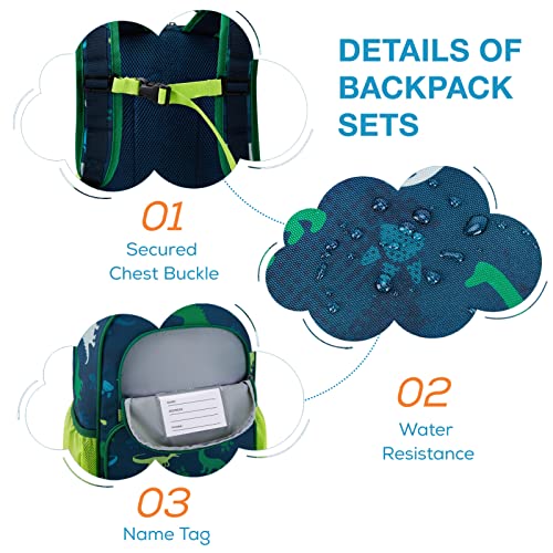 mommore Kids Backpack Set, Dinosaur Backpack for Kids Lightweight Elementary Bookbag for Students School backpack for Children with Chest Strap Water Resistant,3pcs green