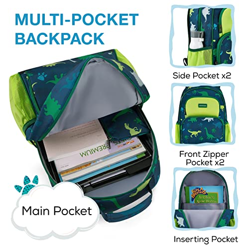 mommore Kids Backpack Set, Dinosaur Backpack for Kids Lightweight Elementary Bookbag for Students School backpack for Children with Chest Strap Water Resistant,3pcs green