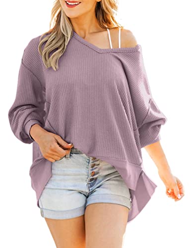 ASTANFY Womens Long Sleeve Sweatshirts Waffle Knit Shirts V Neck Solid Color Pullover Casual Loose Fit Tunic Tops Purple