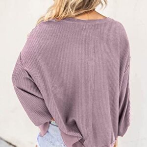 ASTANFY Womens Long Sleeve Sweatshirts Waffle Knit Shirts V Neck Solid Color Pullover Casual Loose Fit Tunic Tops Purple