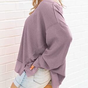 ASTANFY Womens Long Sleeve Sweatshirts Waffle Knit Shirts V Neck Solid Color Pullover Casual Loose Fit Tunic Tops Purple