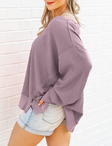 ASTANFY Womens Long Sleeve Sweatshirts Waffle Knit Shirts V Neck Solid Color Pullover Casual Loose Fit Tunic Tops Purple