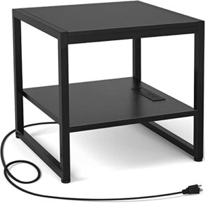 homieasy end table with charging station, 20 inch square side table with usb ports & power outlets, black nightstand with 2-tier storage shelf, mini fridge stand for small spaces, black