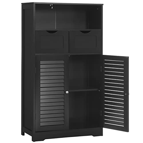 WEENFON Bathroom Cabinet, Storage Cabinet with 2 Drawers & 2 Shutter Doors, Free Standing Floor Cabinet with Adjustable Shelf, for Living Room, Hallway, Home Office, Black