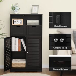 WEENFON Bathroom Cabinet, Storage Cabinet with 2 Drawers & 2 Shutter Doors, Free Standing Floor Cabinet with Adjustable Shelf, for Living Room, Hallway, Home Office, Black