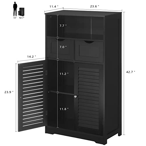 WEENFON Bathroom Cabinet, Storage Cabinet with 2 Drawers & 2 Shutter Doors, Free Standing Floor Cabinet with Adjustable Shelf, for Living Room, Hallway, Home Office, Black