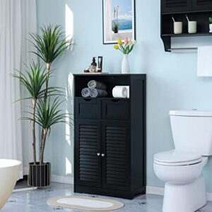 WEENFON Bathroom Cabinet, Storage Cabinet with 2 Drawers & 2 Shutter Doors, Free Standing Floor Cabinet with Adjustable Shelf, for Living Room, Hallway, Home Office, Black