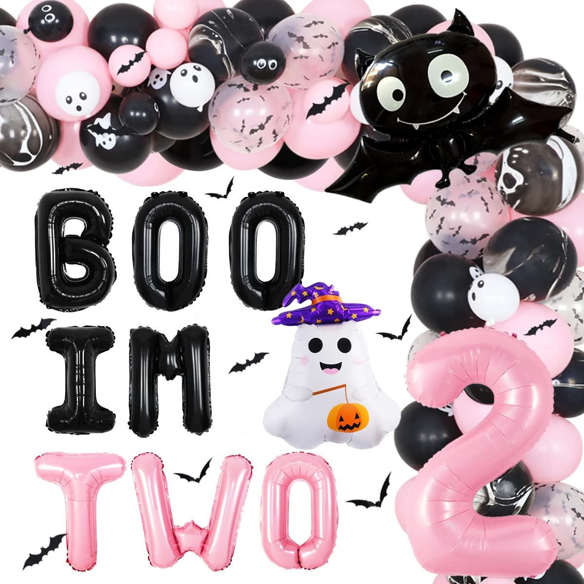 Halloween 2nd Birthday Decorations for Girl Black Pink White BOO IM TWO Balloon Garland Arch Kit Bat Ghost Number 2 Balloons with 3D Bat Wall Stickers Halloween Spooky Second Birthday Supplies