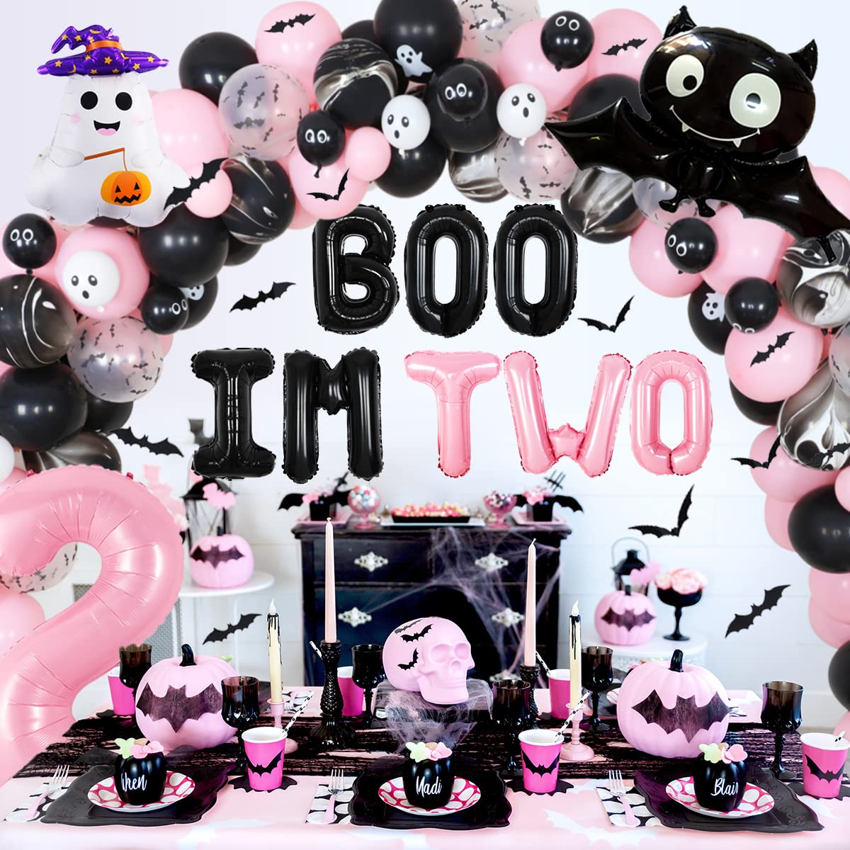 Halloween 2nd Birthday Decorations for Girl Black Pink White BOO IM TWO Balloon Garland Arch Kit Bat Ghost Number 2 Balloons with 3D Bat Wall Stickers Halloween Spooky Second Birthday Supplies