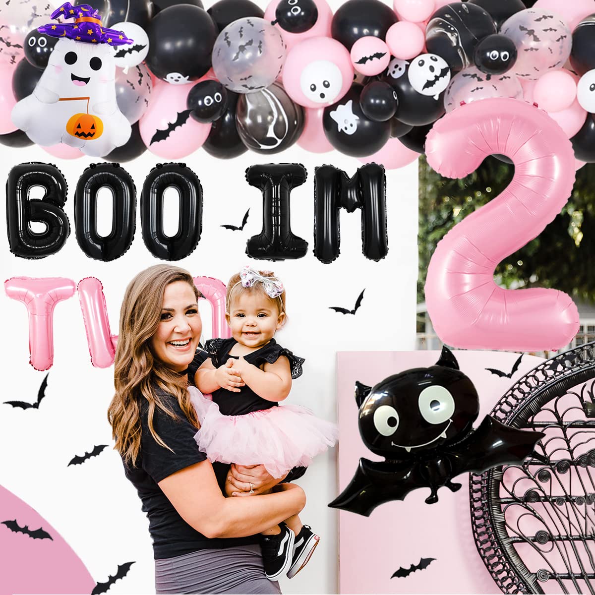 Halloween 2nd Birthday Decorations for Girl Black Pink White BOO IM TWO Balloon Garland Arch Kit Bat Ghost Number 2 Balloons with 3D Bat Wall Stickers Halloween Spooky Second Birthday Supplies