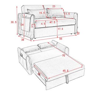 Antetek Convertible Sleeper Sofa Bed, 3 in 1 Velvet Loveseat Sleeper Sofa Couch with Pull Out Bed, Small Love seat with Adjustable Backrest, Lumbar Pillows & Side Pocket for Living Room, Grey, 55"