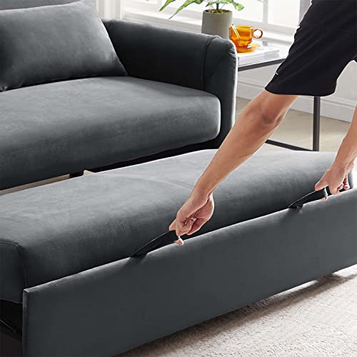 Antetek Convertible Sleeper Sofa Bed, 3 in 1 Velvet Loveseat Sleeper Sofa Couch with Pull Out Bed, Small Love seat with Adjustable Backrest, Lumbar Pillows & Side Pocket for Living Room, Grey, 55"