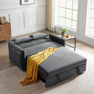 Antetek Convertible Sleeper Sofa Bed, 3 in 1 Velvet Loveseat Sleeper Sofa Couch with Pull Out Bed, Small Love seat with Adjustable Backrest, Lumbar Pillows & Side Pocket for Living Room, Grey, 55"