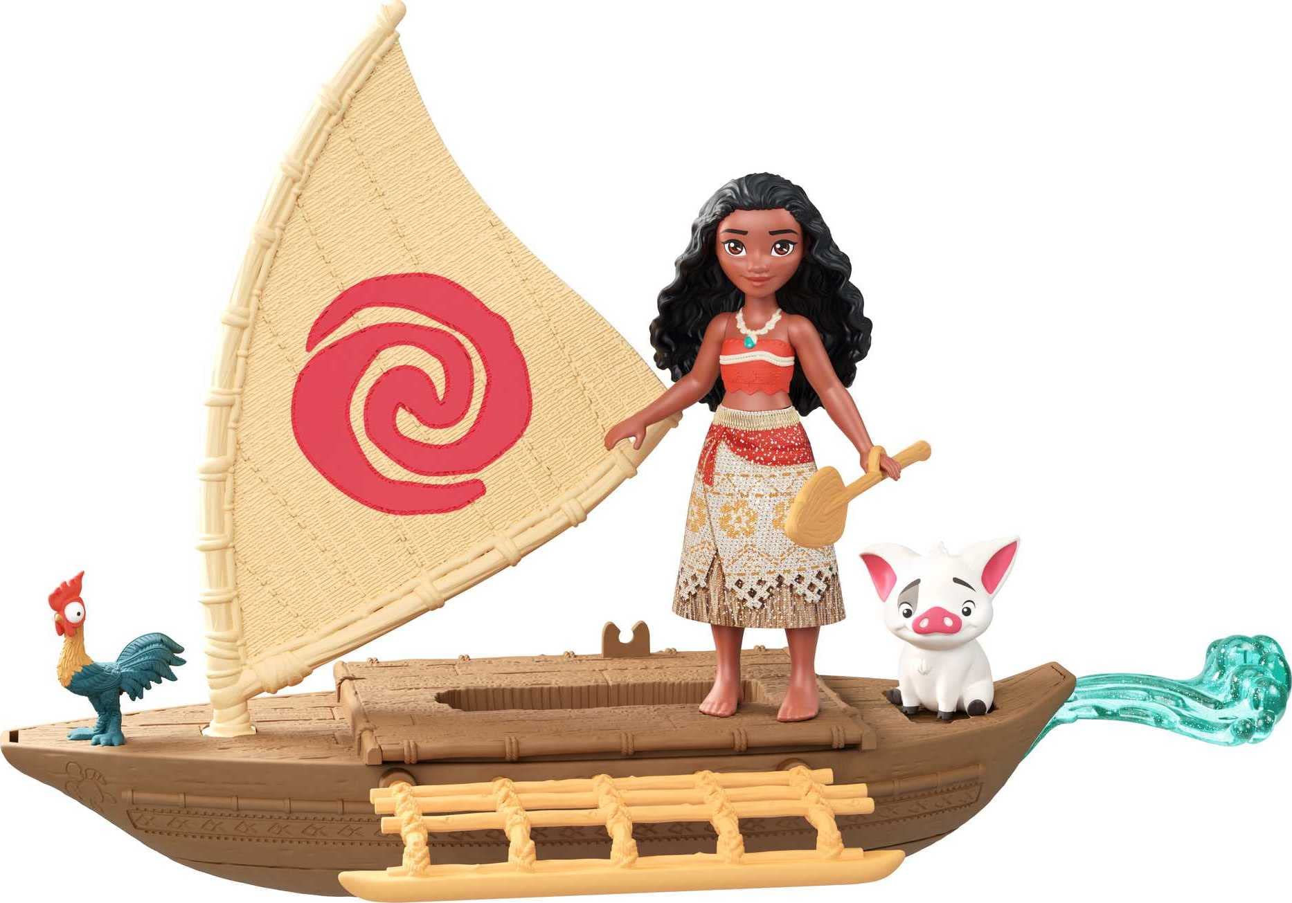 Mattel Disney Princess Moana Small Doll & Boat Playset with Floating Boat Vehicle & 2 Character Friends, from Disney Movie