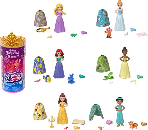 Mattel Disney Princess Small Doll Royal Color Reveal with 6 Surprises Including 1 Character Figure and 4 Accessories (Dolls May Vary)