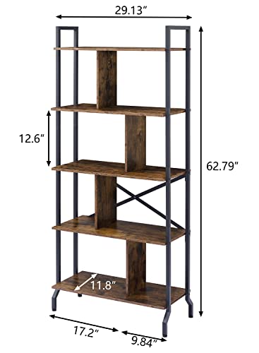 Tajsoon Bookshelf 5 Tier Tall Bookcase, Storage Rack Shelf with Steel Frame, Wood Bookcase Shelf Storage Organizer, Free Standing Storage Shelving Unit for Home Office, Living Room, Bedroom, Kitchen