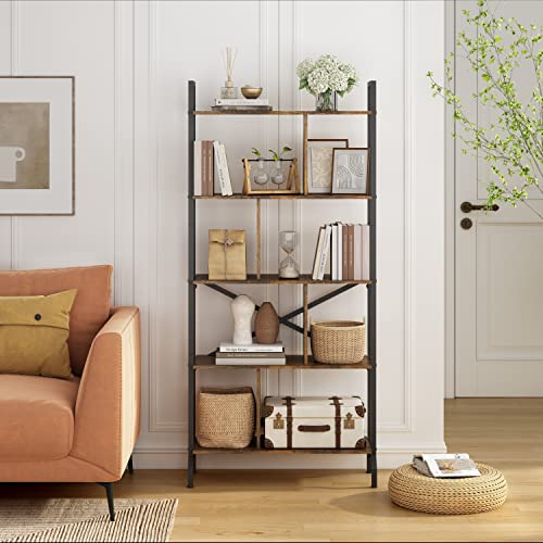 Tajsoon Bookshelf 5 Tier Tall Bookcase, Storage Rack Shelf with Steel Frame, Wood Bookcase Shelf Storage Organizer, Free Standing Storage Shelving Unit for Home Office, Living Room, Bedroom, Kitchen