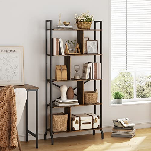 Tajsoon Bookshelf 5 Tier Tall Bookcase, Storage Rack Shelf with Steel Frame, Wood Bookcase Shelf Storage Organizer, Free Standing Storage Shelving Unit for Home Office, Living Room, Bedroom, Kitchen