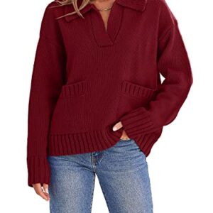 Caracilia V Neck Knit Sweater for Women Ribbed Hem Long Sleeve Pullover Loose Chunky Jumper Tops with Pocket C61A5-qianjiuhong-M Red Wine