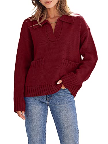 Caracilia V Neck Knit Sweater for Women Ribbed Hem Long Sleeve Pullover Loose Chunky Jumper Tops with Pocket C61A5-qianjiuhong-M Red Wine