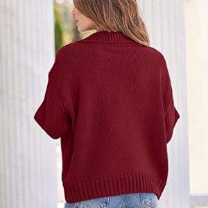 Caracilia V Neck Knit Sweater for Women Ribbed Hem Long Sleeve Pullover Loose Chunky Jumper Tops with Pocket C61A5-qianjiuhong-M Red Wine