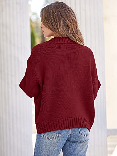 Caracilia V Neck Knit Sweater for Women Ribbed Hem Long Sleeve Pullover Loose Chunky Jumper Tops with Pocket C61A5-qianjiuhong-M Red Wine