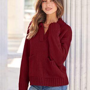 Caracilia V Neck Knit Sweater for Women Ribbed Hem Long Sleeve Pullover Loose Chunky Jumper Tops with Pocket C61A5-qianjiuhong-M Red Wine