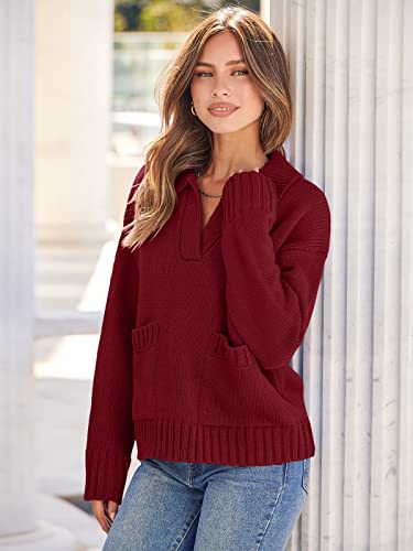 Caracilia V Neck Knit Sweater for Women Ribbed Hem Long Sleeve Pullover Loose Chunky Jumper Tops with Pocket C61A5-qianjiuhong-M Red Wine