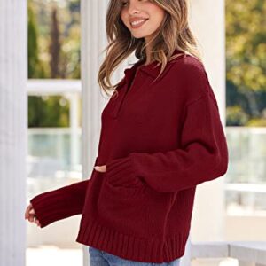 Caracilia V Neck Knit Sweater for Women Ribbed Hem Long Sleeve Pullover Loose Chunky Jumper Tops with Pocket C61A5-qianjiuhong-M Red Wine