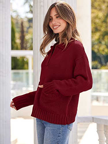 Caracilia V Neck Knit Sweater for Women Ribbed Hem Long Sleeve Pullover Loose Chunky Jumper Tops with Pocket C61A5-qianjiuhong-M Red Wine