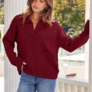 Caracilia V Neck Knit Sweater for Women Ribbed Hem Long Sleeve Pullover Loose Chunky Jumper Tops with Pocket C61A5-qianjiuhong-M Red Wine