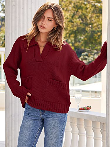 Caracilia V Neck Knit Sweater for Women Ribbed Hem Long Sleeve Pullover Loose Chunky Jumper Tops with Pocket C61A5-qianjiuhong-M Red Wine